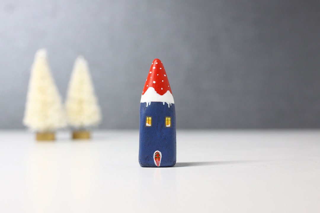 Little Christmas Home Dark Blue House With Snowy Red Roof - Etsy