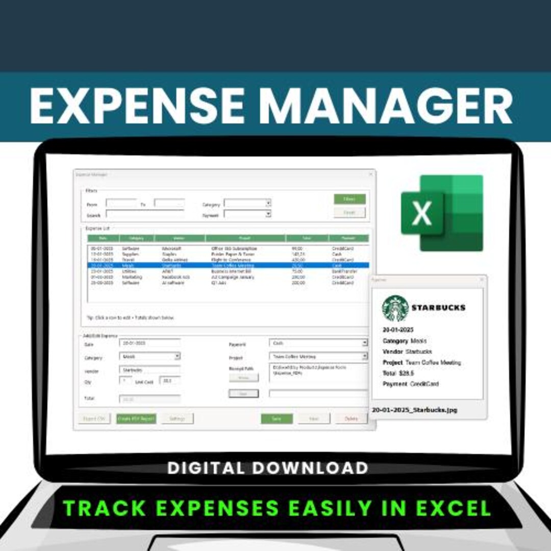Excel Expense Tracker With PDF Receipt Manager | CSV Export | Smart ...