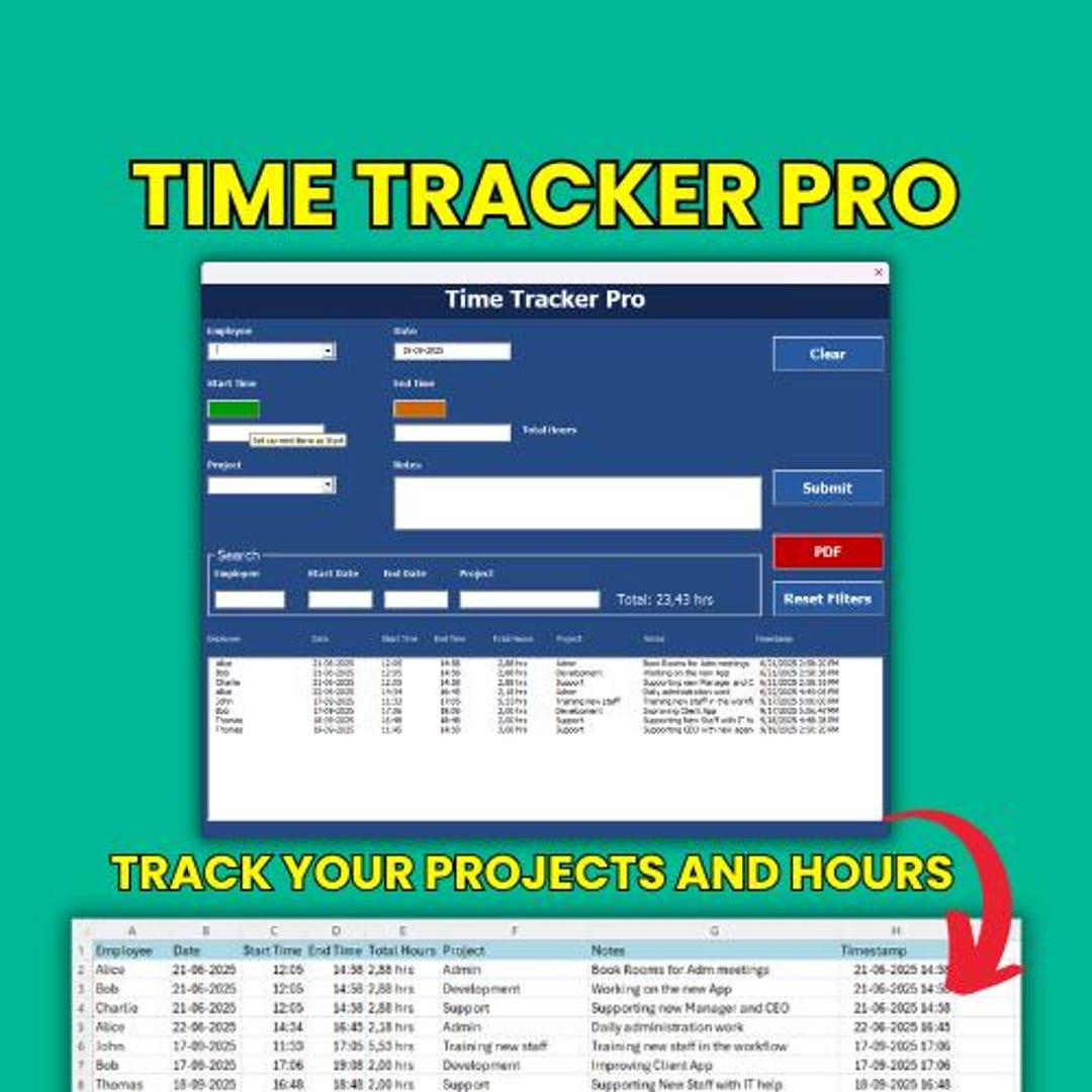 Time Tracker Pro Excel Template – Employee Timesheet + PDF Export Tool - Etsy