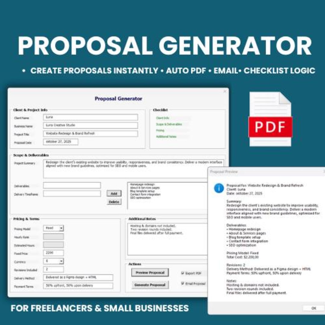 Excel Proposal Generator | Auto PDF Proposal Creator | Freelancer ...