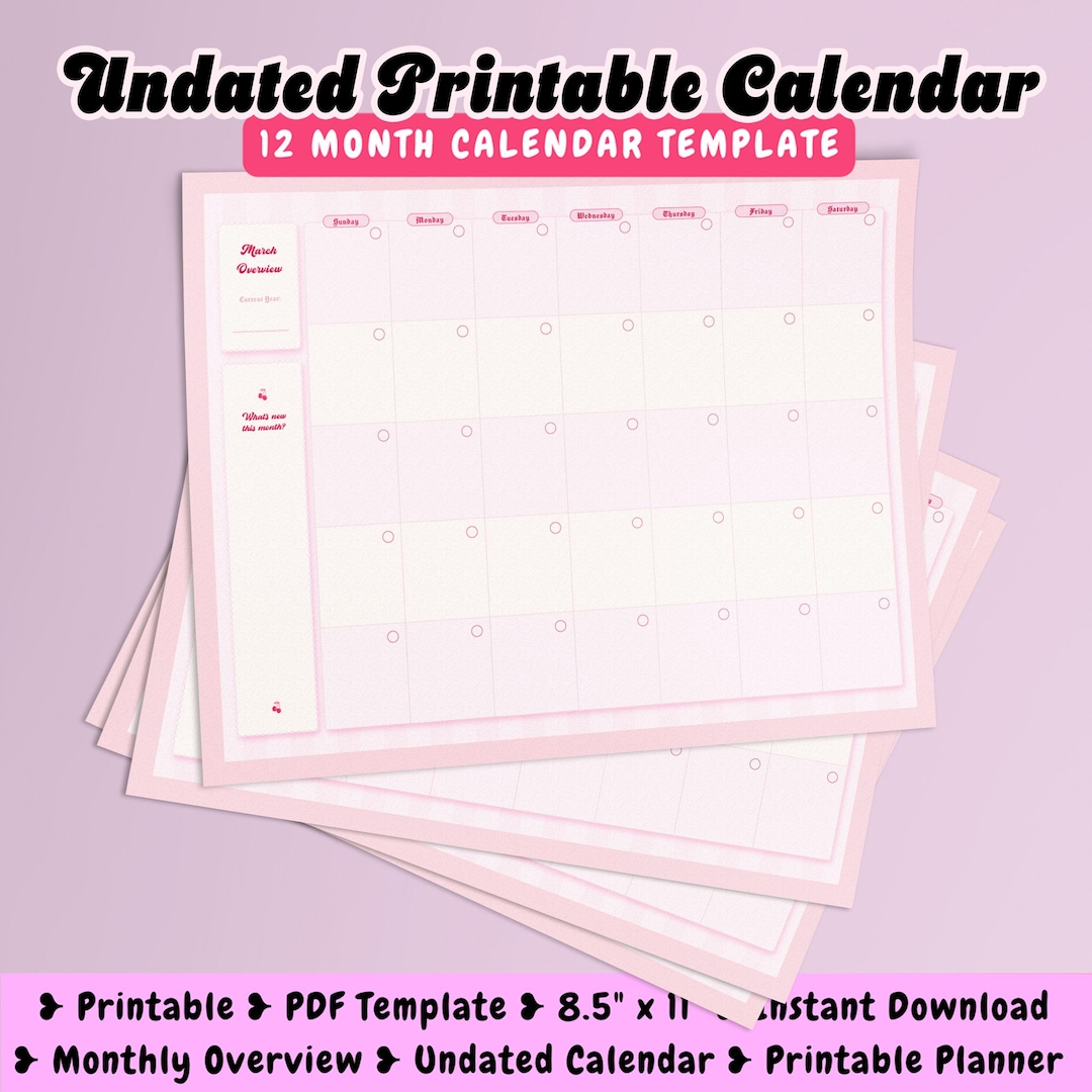 Pink Printable Calendar Template | Undated 8.5x11, Cute Digital Planner ...