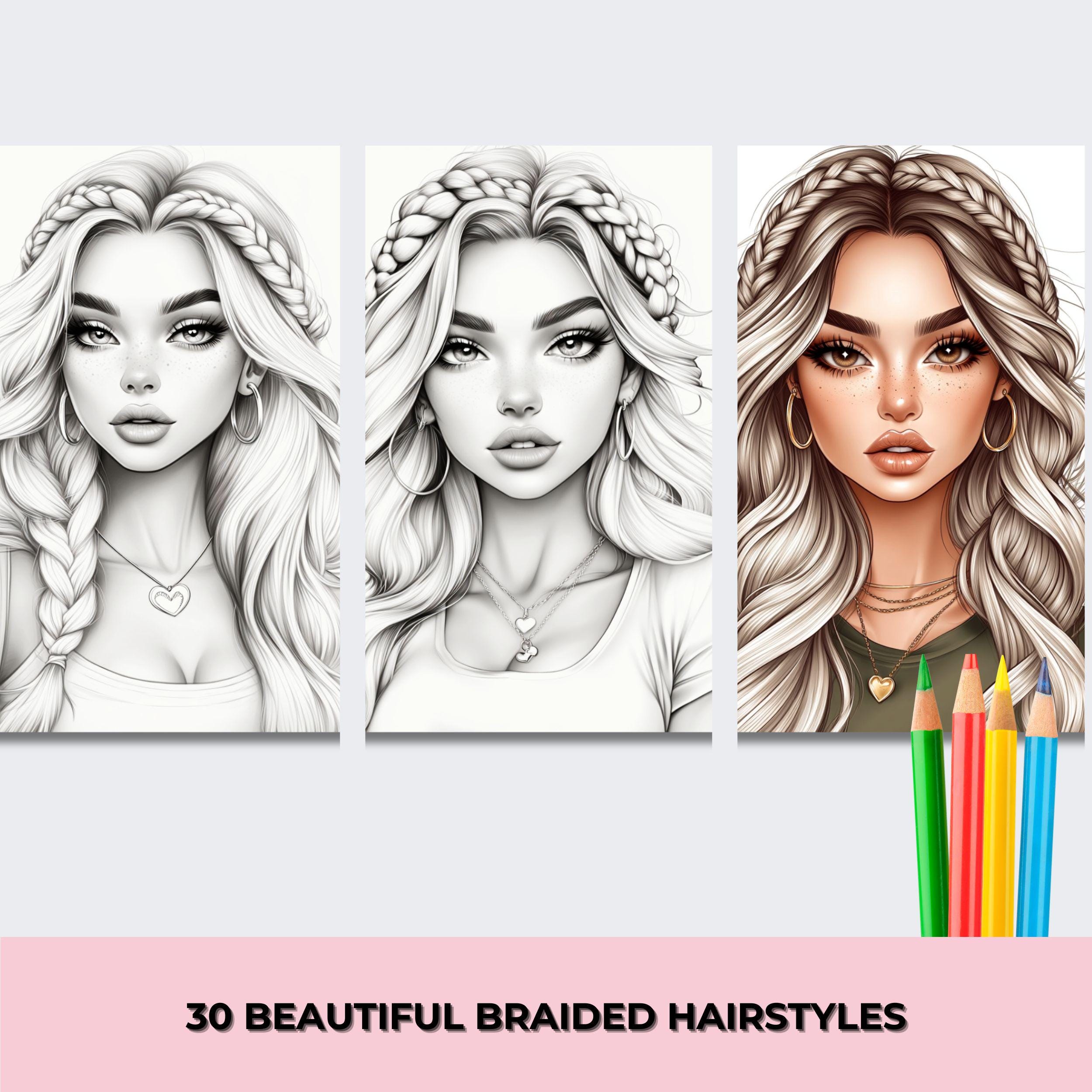 Greyscale Coloring Page | Braided Hairstyle Coloring | Adult Coloring ...