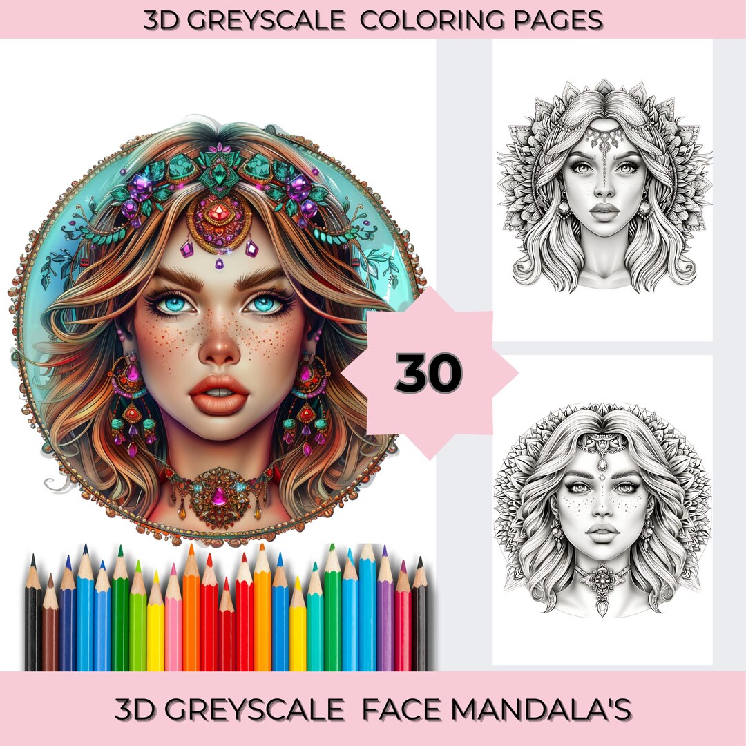 Greyscale 3D Face Mandala Coloring Pages | Adult Coloring Book ...