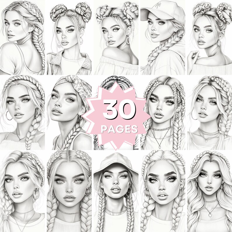 Greyscale Coloring Page | Braided Hairstyle Coloring | Adult Coloring ...