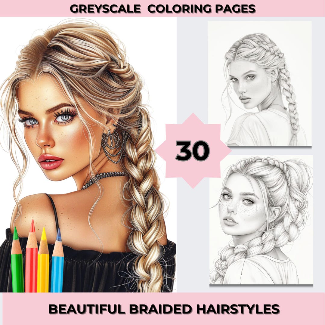 Greyscale Coloring Page | Braided Hairstyle Coloring | Adult Coloring ...