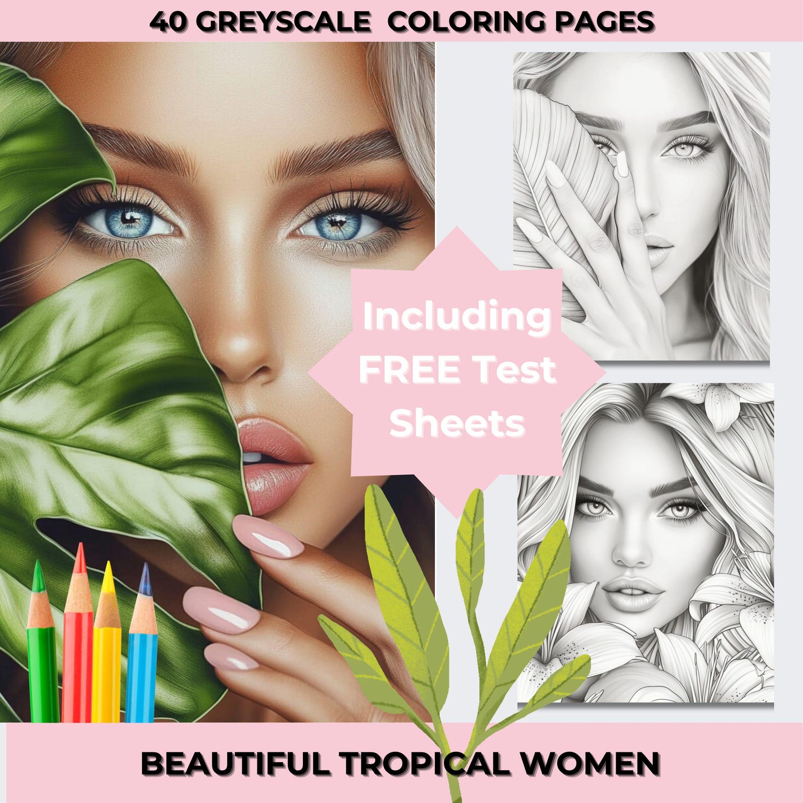 40 Greyscale Coloring Pages | Beautiful Tropical Women | Flowers ...