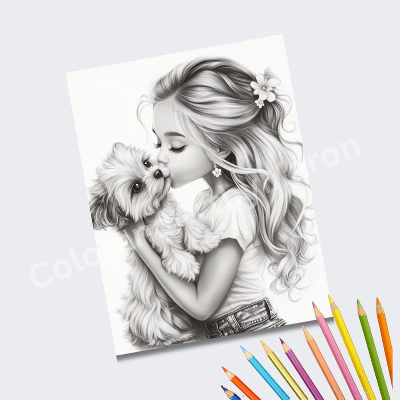 Greyscale Coloring Pages | Cute Girls With Pets | Puppies | Kittens ...