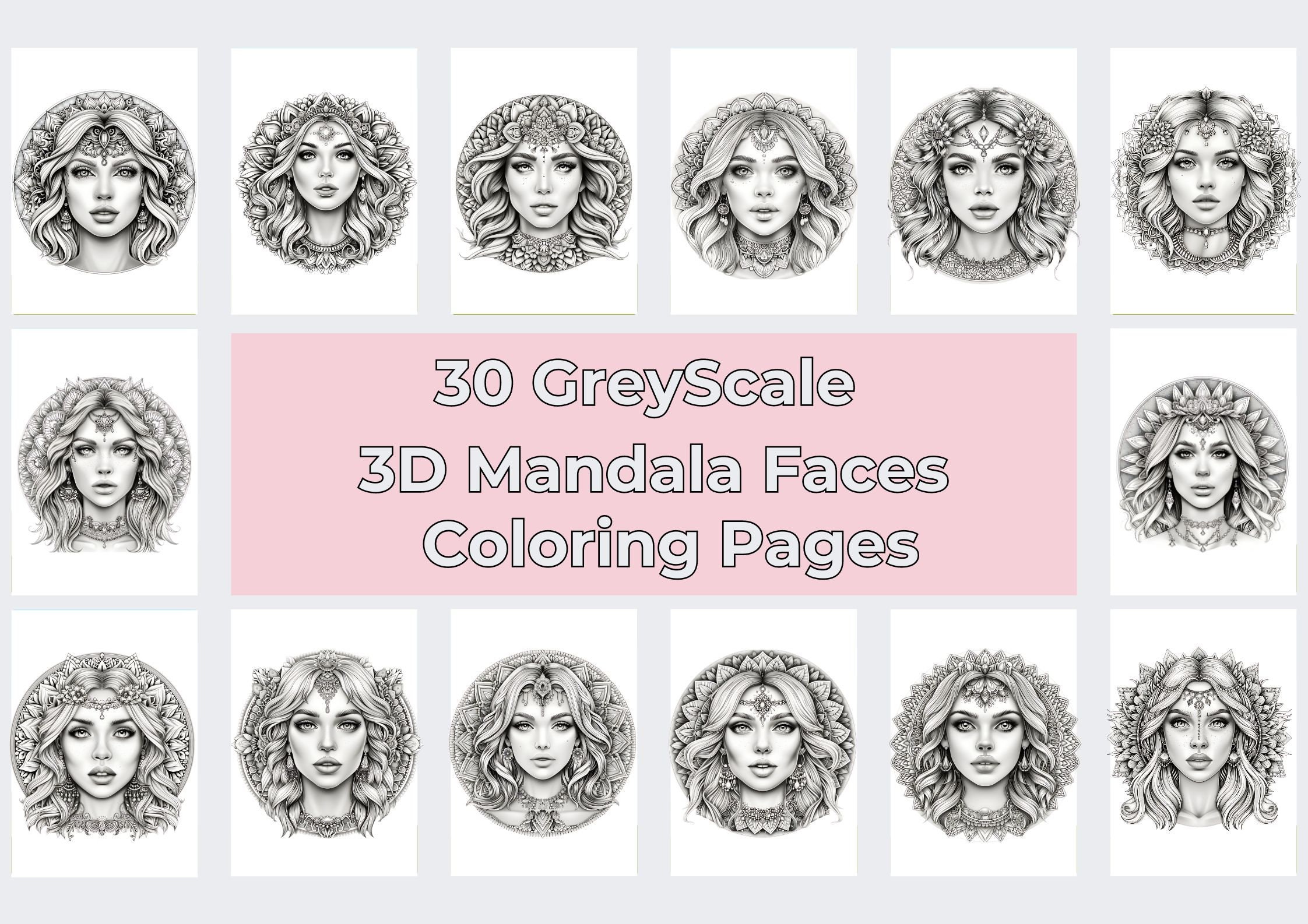 Greyscale 3D Face Mandala Coloring Pages | Adult Coloring Book ...