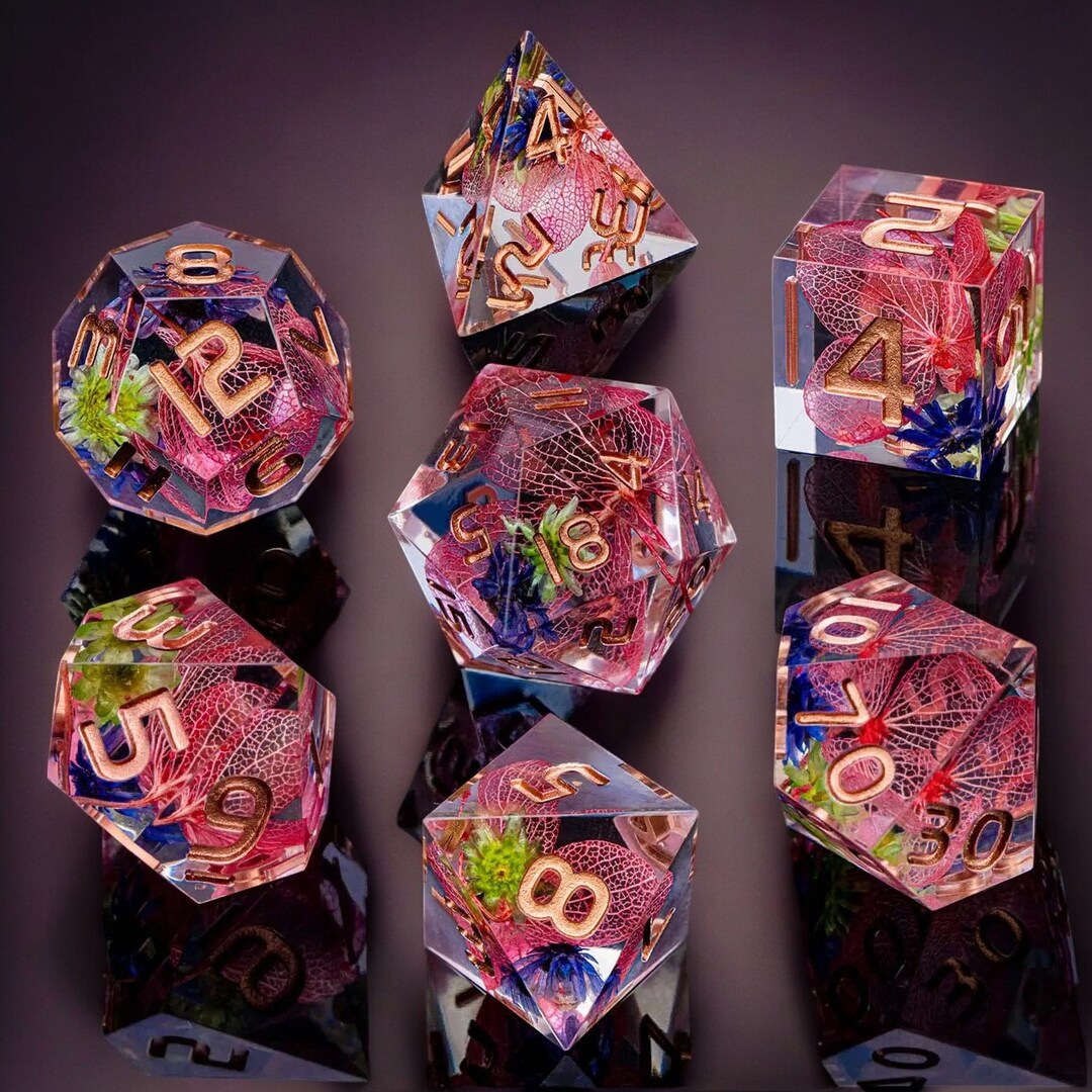 Fun Floral Liquid Core Dnd Dice Set, Pink Lotus Dice Set for Role ...