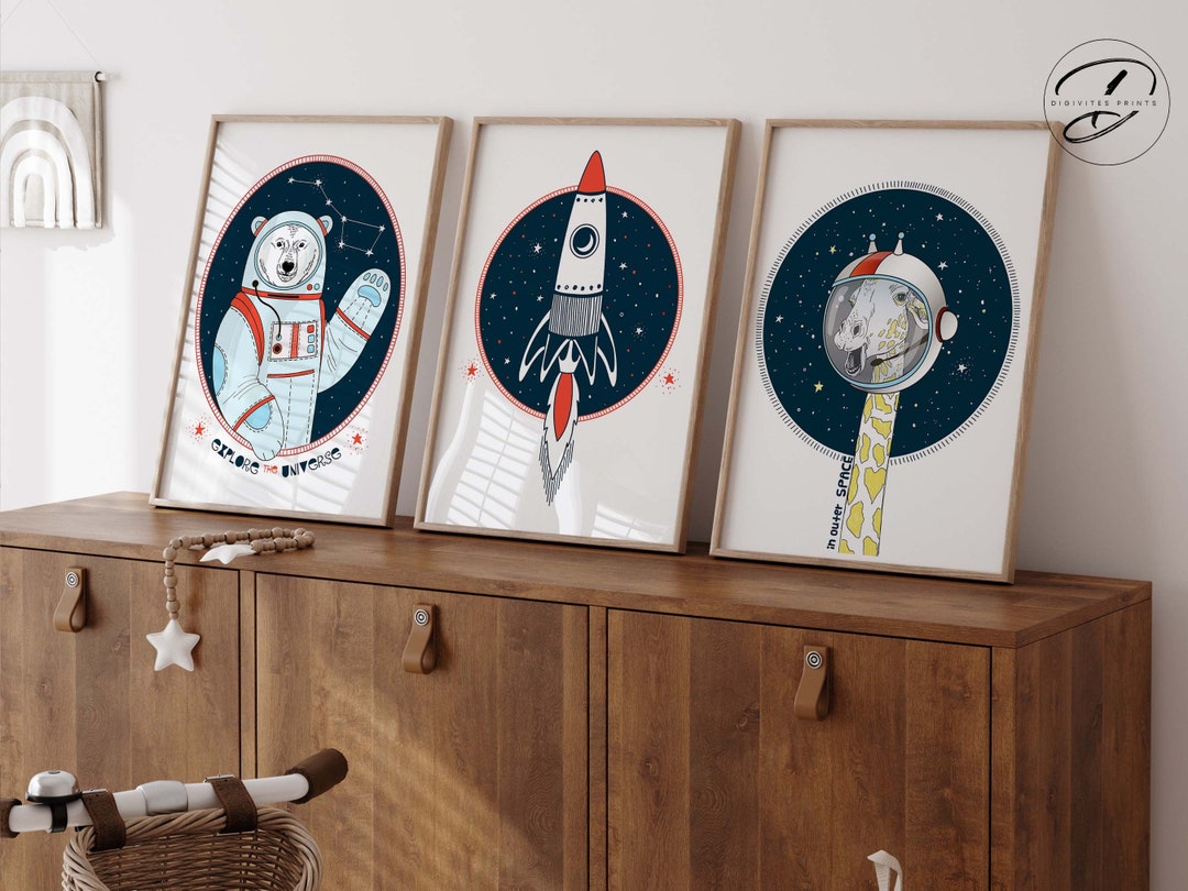 Set of 3 Space Art, Outer Space, Astronaut Print, Rocketship Print ...