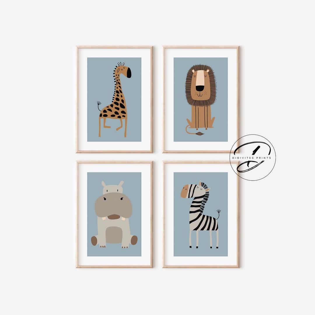 Safari Animal Nursery Prints, Slate Blue Boho Decor (set of 3) (digital ...