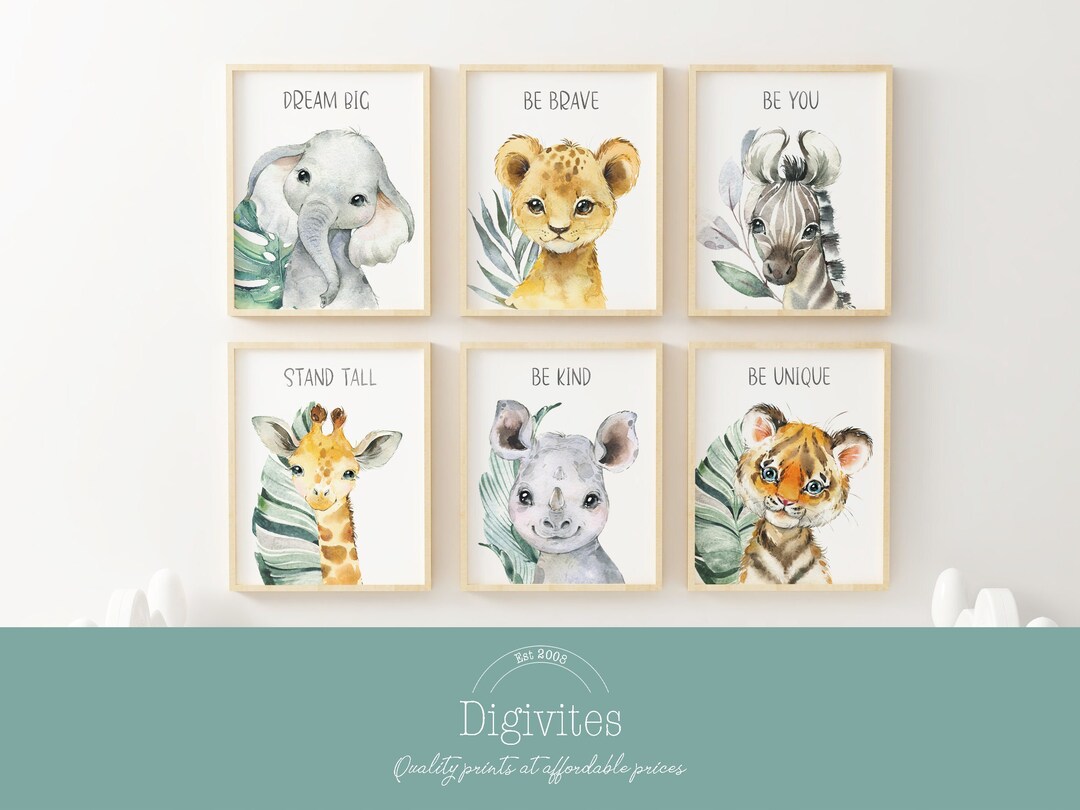 Set of 6 Safari Animal Nursery and Playroom Wall Art, Safari Nursery ...