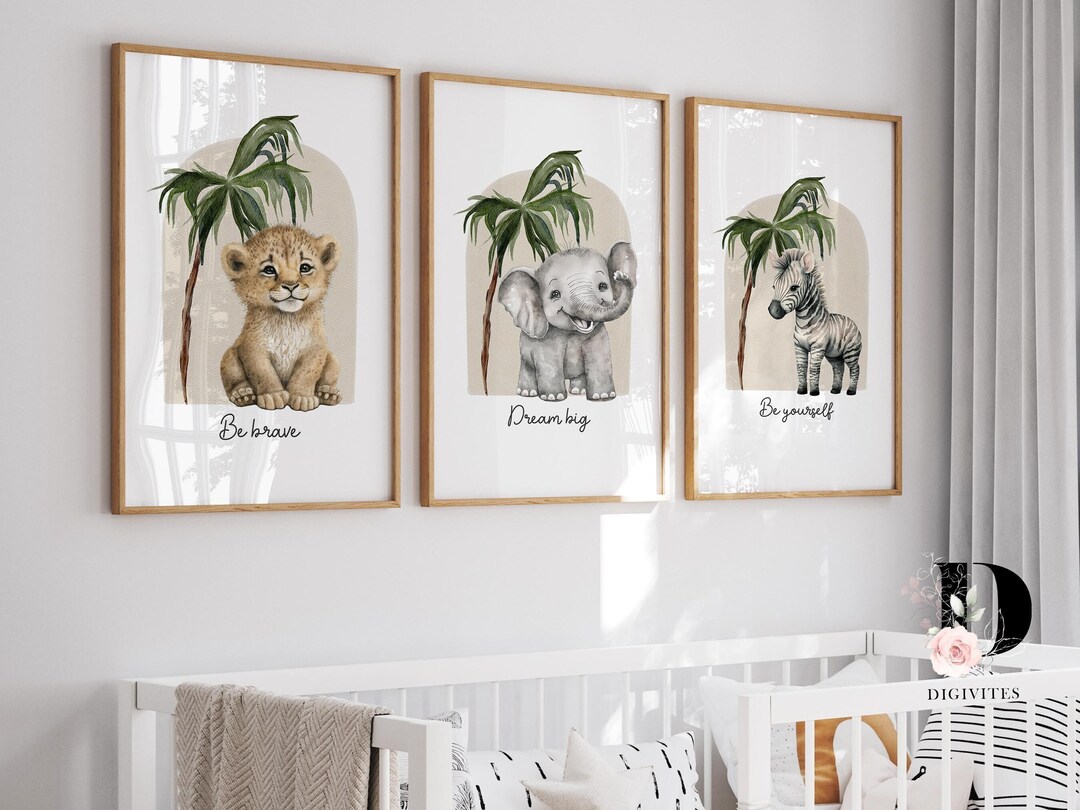 Set of 3 Safari Nursery Wall Art Prints, Jungle Animals, Neutral ...