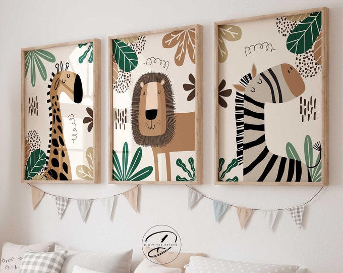 SAFARI WALL ART Prints, Set of 3, Safari Animals Art, Colorful Safari ...