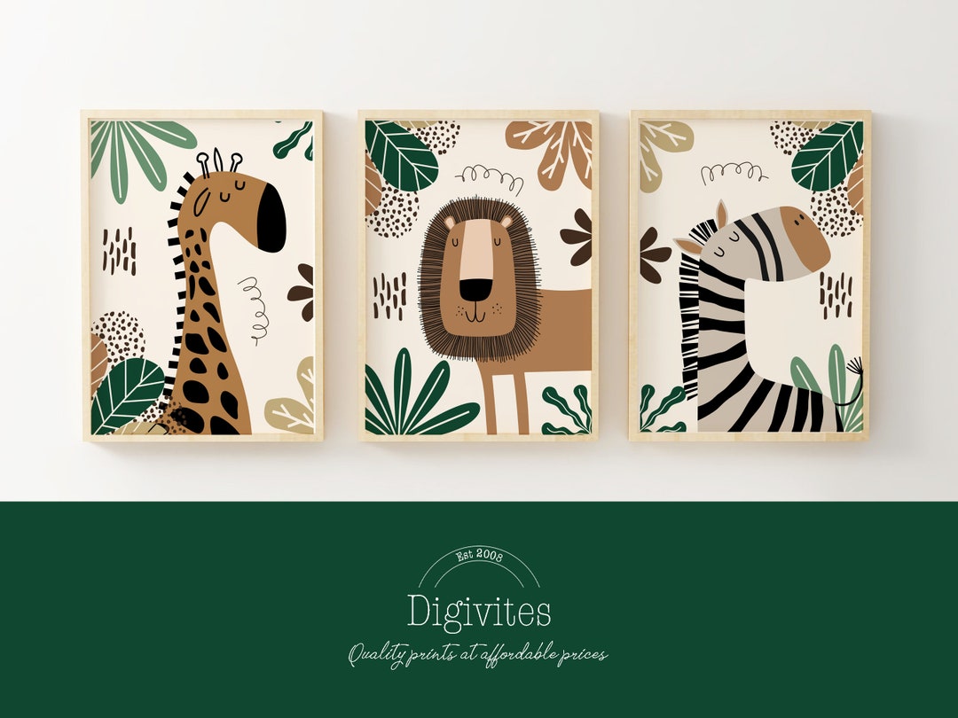 Set of 3 Jungle Animal Prints Featuring Giraffe, Lion and Zebra ...