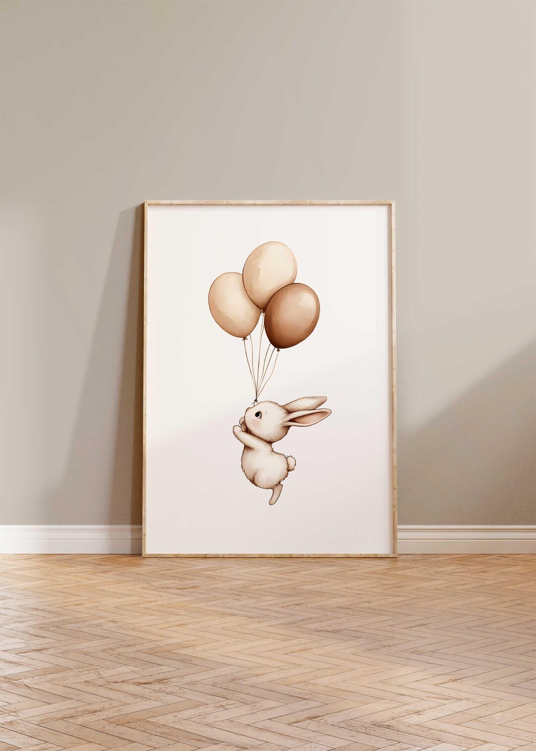 DIGITAL Woodland Bunny Rabbit Holding Balloons Print, Boho Nursery ...
