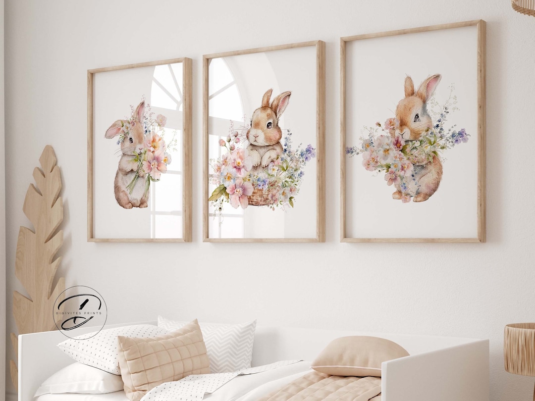 Whimsical Woodland Bunnies and Wildflowers Nursery Wall Art Prints, Set ...
