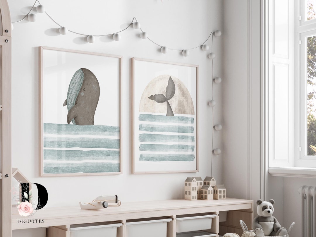 Boho Nursery Wall Art Prints, Coastal Nursery Decor, Whale Prints, Sea ...