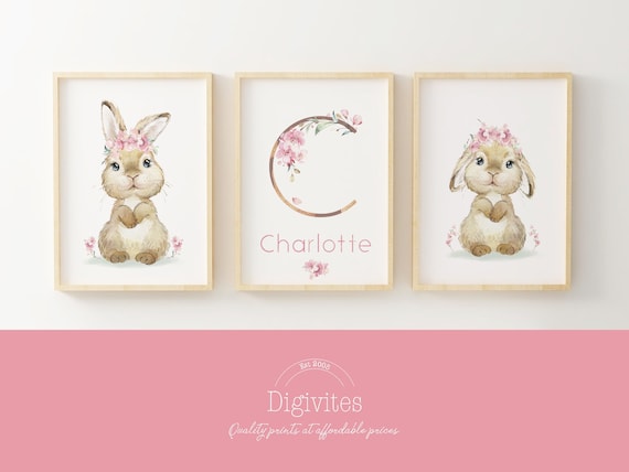 Set of 3 Bunny Rabbit Nursery Wall Art Prints Personalised - Etsy