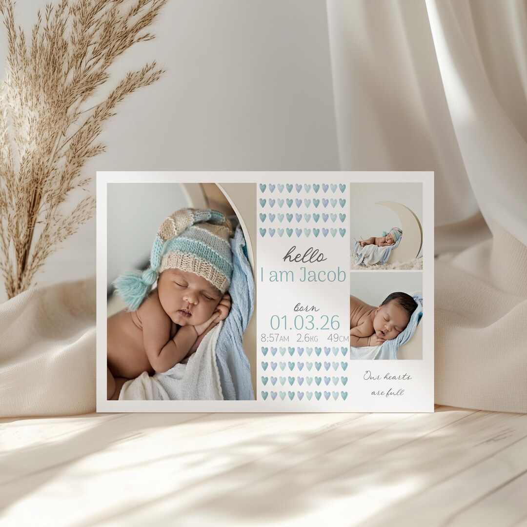 Baby Boy Birth Announcement Photo Card, Newborn Collage Design, Custom ...
