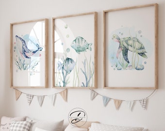 Set of 3 Unframed Sea Animals Prints, Ocean Nursery Prints, Under the ...