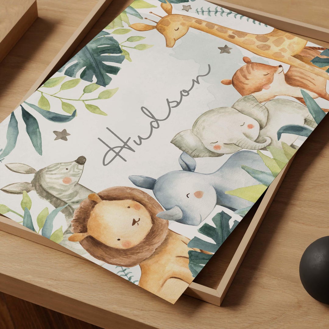 Jungle Animal Nursery Decor Wall Art Print, Personalised Name, Safari ...