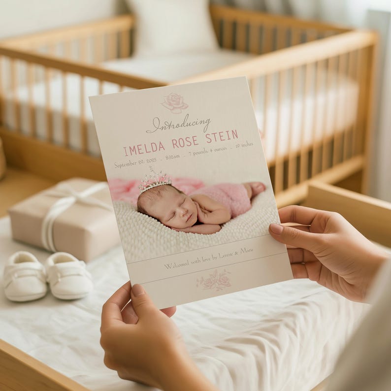 Baby Birth Announcement Photo Card, Custom Newborn Template, Girl ...