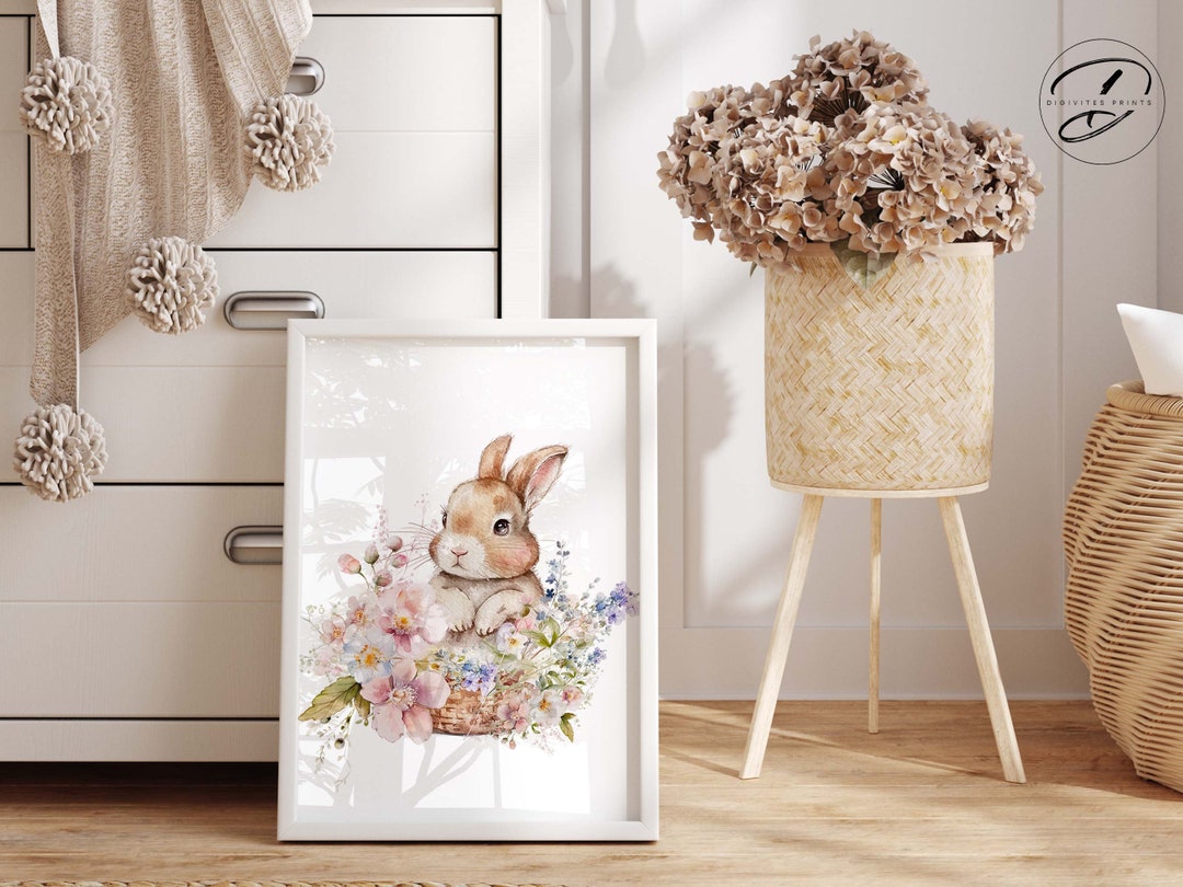 Spring Bunny Rabbit Nursery Wall Art Print, Floral Nursery Art, Girls ...