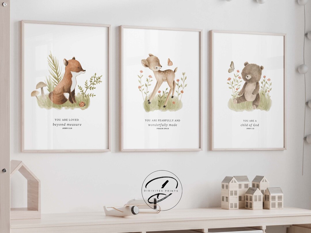 Set of 3 Christian Woodland Animal Nursery Wall Art Decor, Baby Bible ...