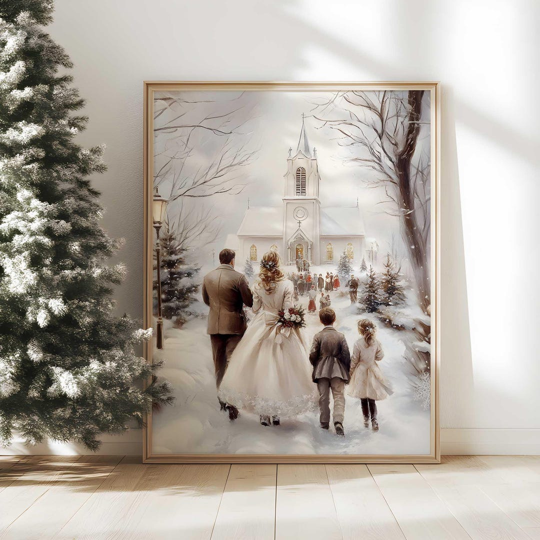 Vintage Christmas Church Scene Wall Art, Winter Family Holiday Print ...