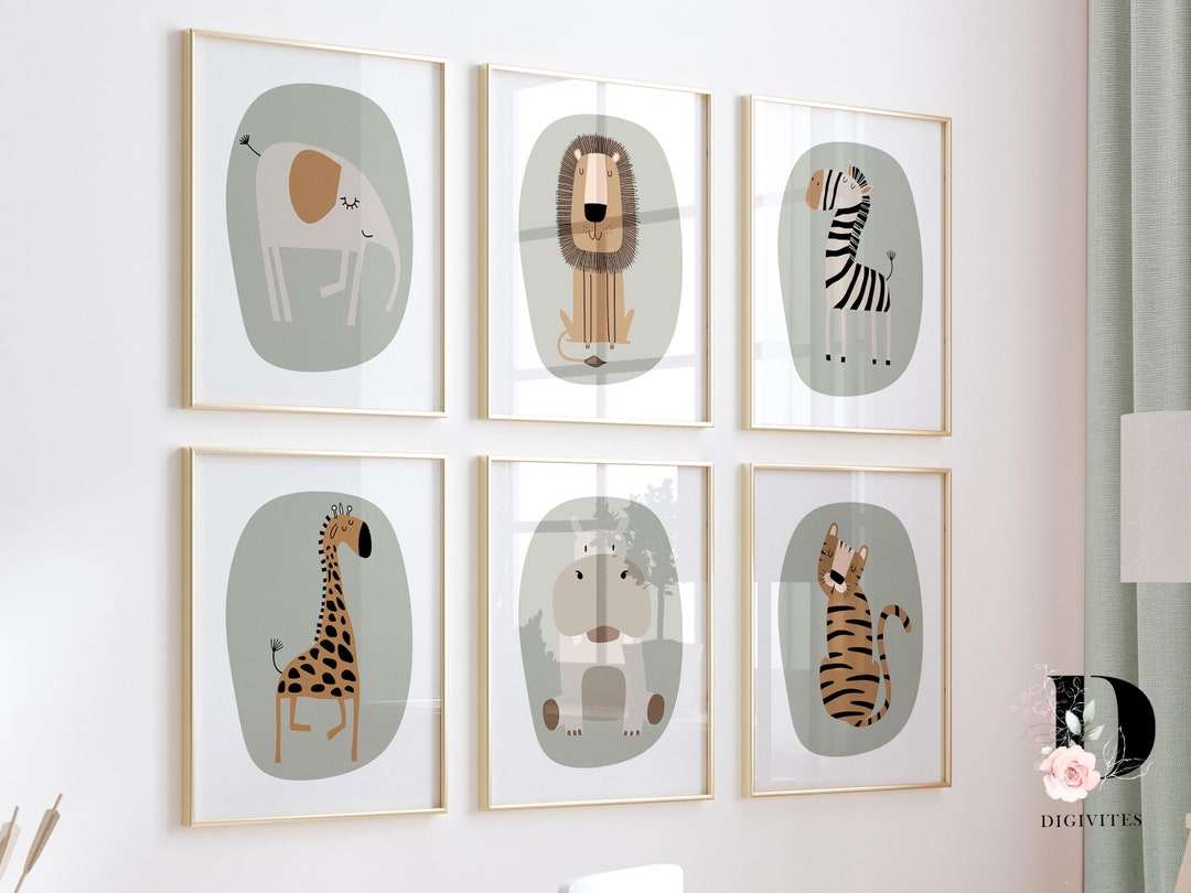 Safari Animal Nursery Prints, Sage Green Boho Decor (set of 6) (digital ...