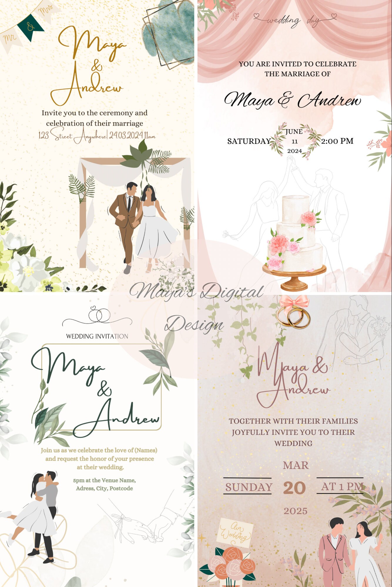 4 Wedding Invitation Template, Canva Template, Wedding Card, Digital ...