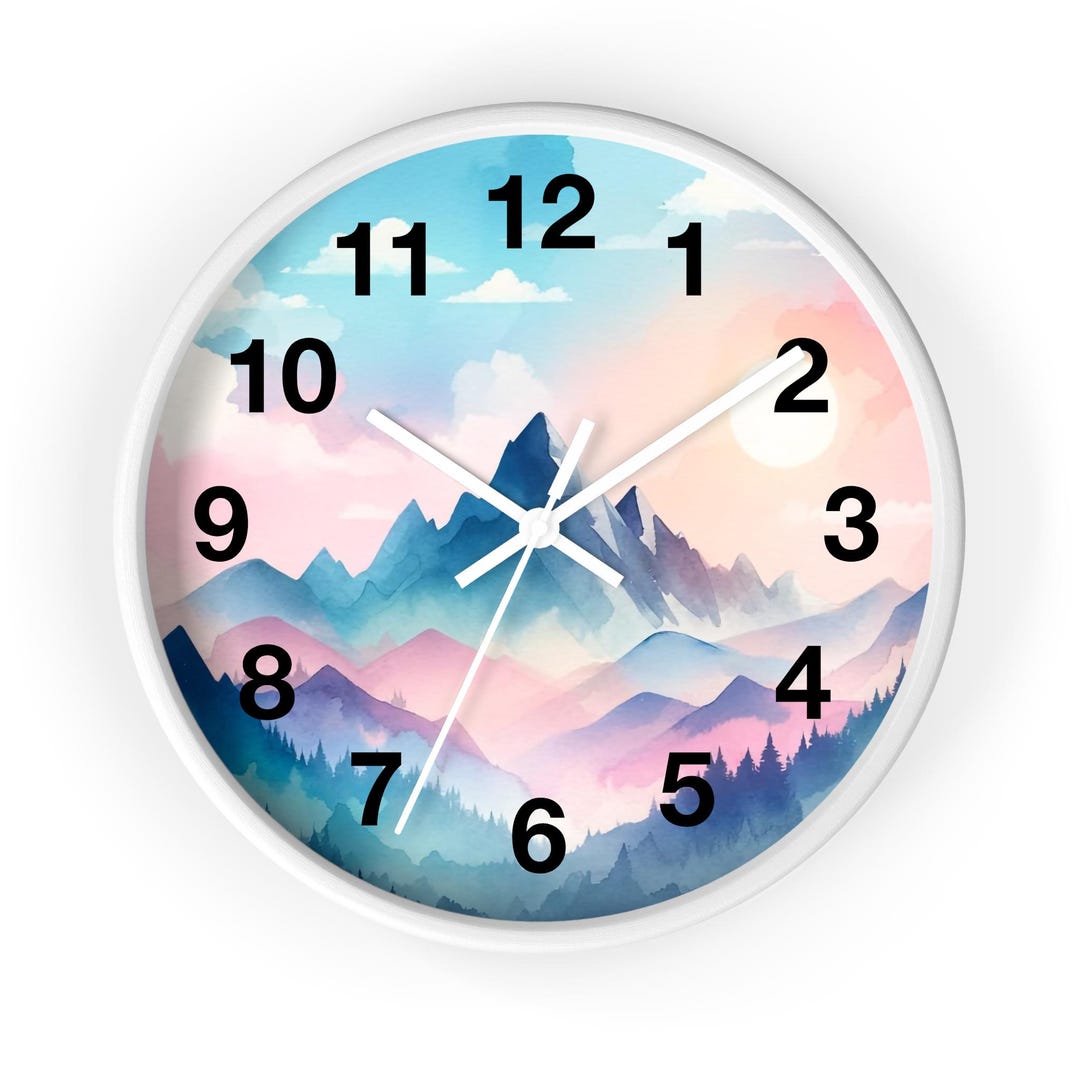 Scenic Serenity Mountain Pastel Wall Clock Silent Non Ticking Battery ...