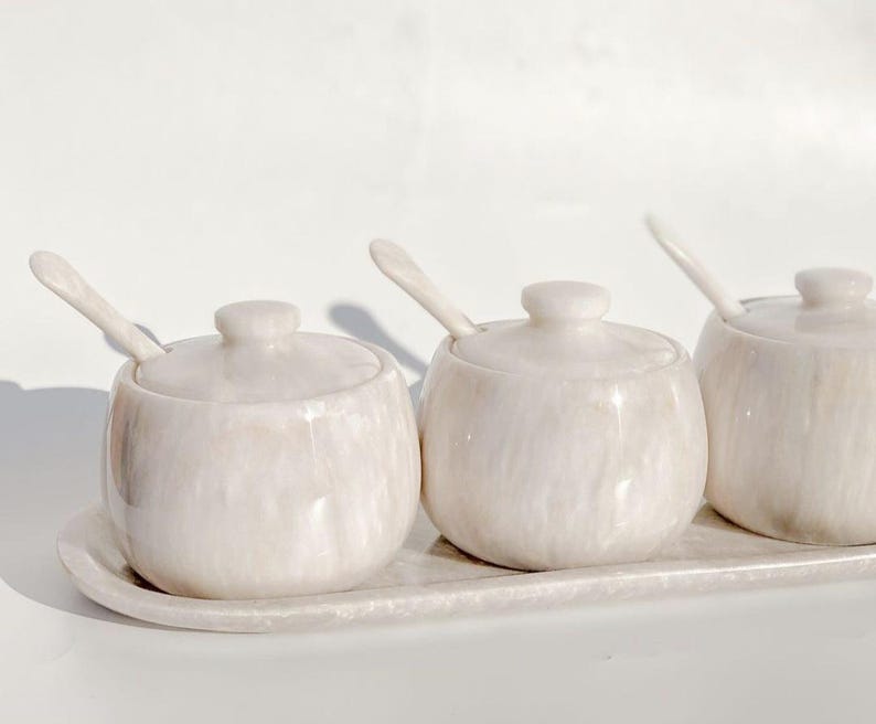 3-piece White Marble Condiments Container With Tray Set, Spices ...