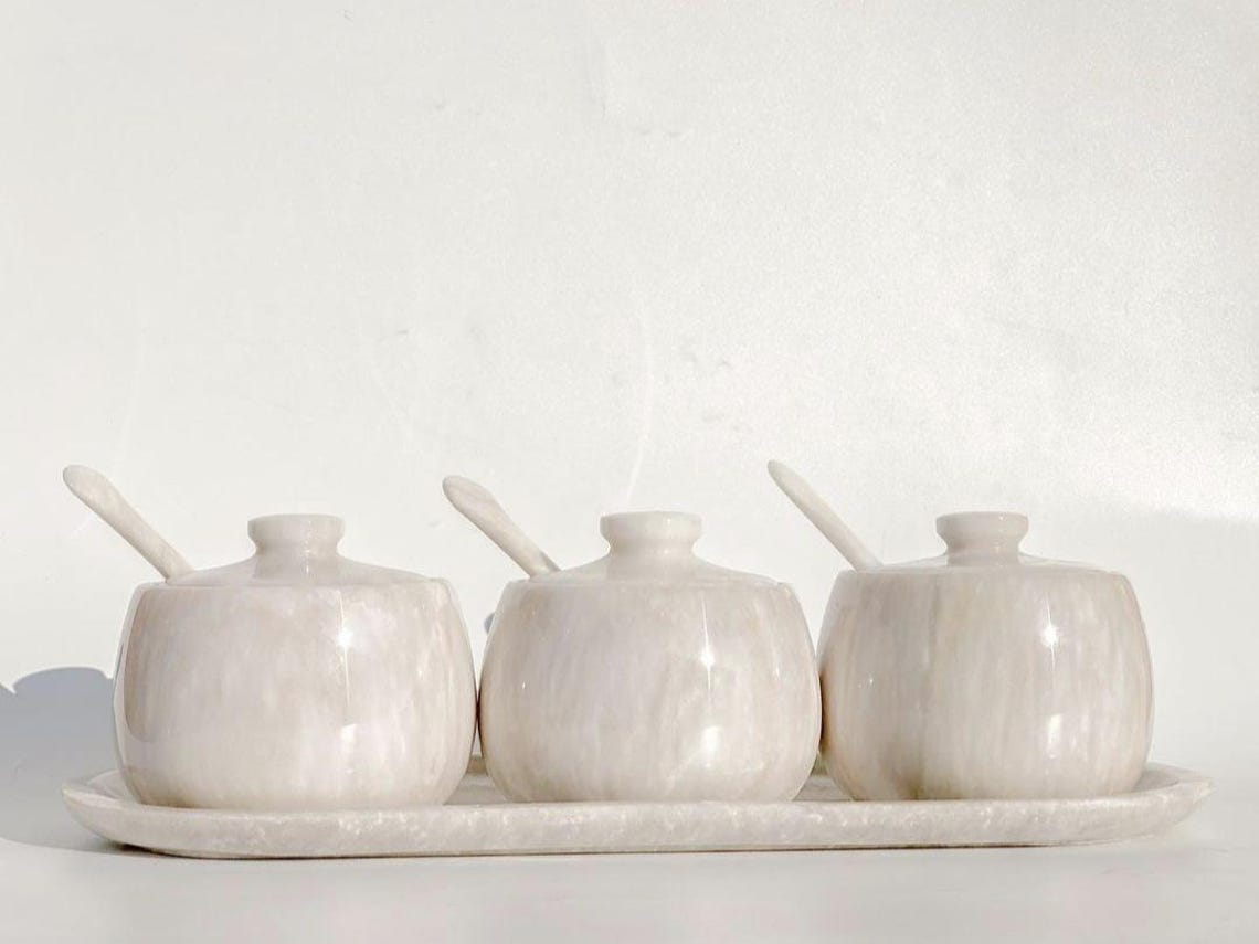 3-piece White Marble Condiments Container With Tray Set, Spices ...