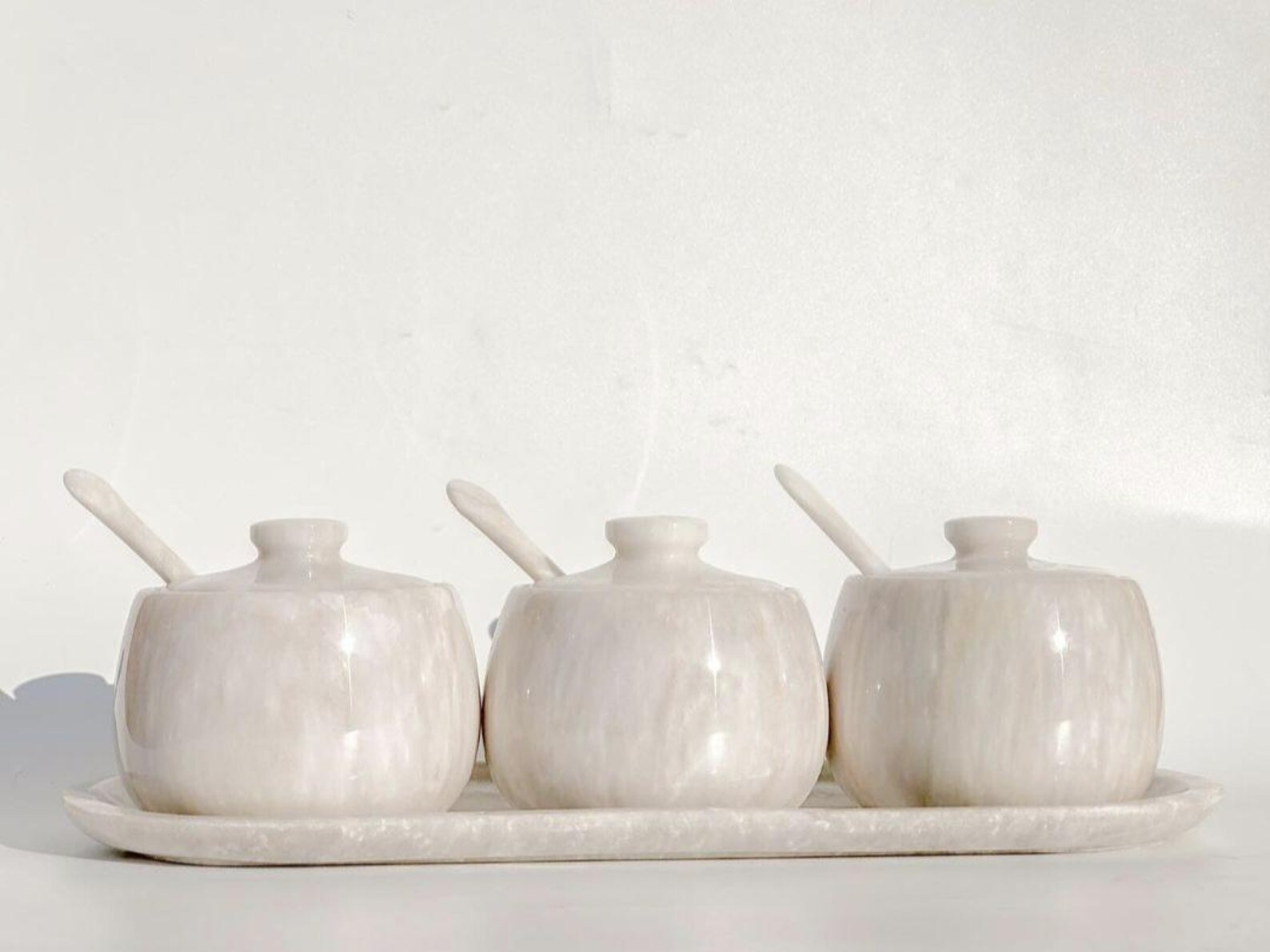 3-piece White Marble Condiments Container With Tray Set, Spices ...