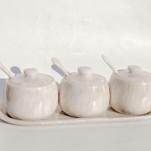 3-piece White Marble Condiments Container With Tray Set, Spices ...