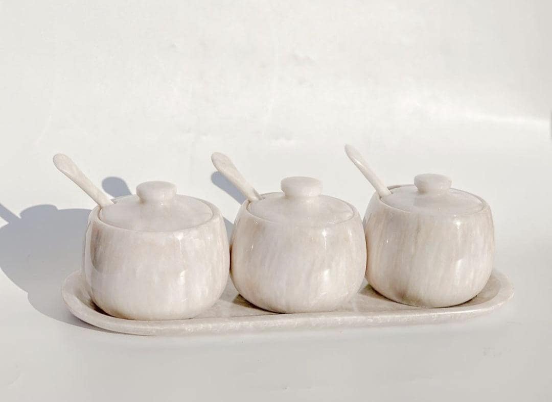 3-piece White Marble Condiments Container With Tray Set, Spices ...
