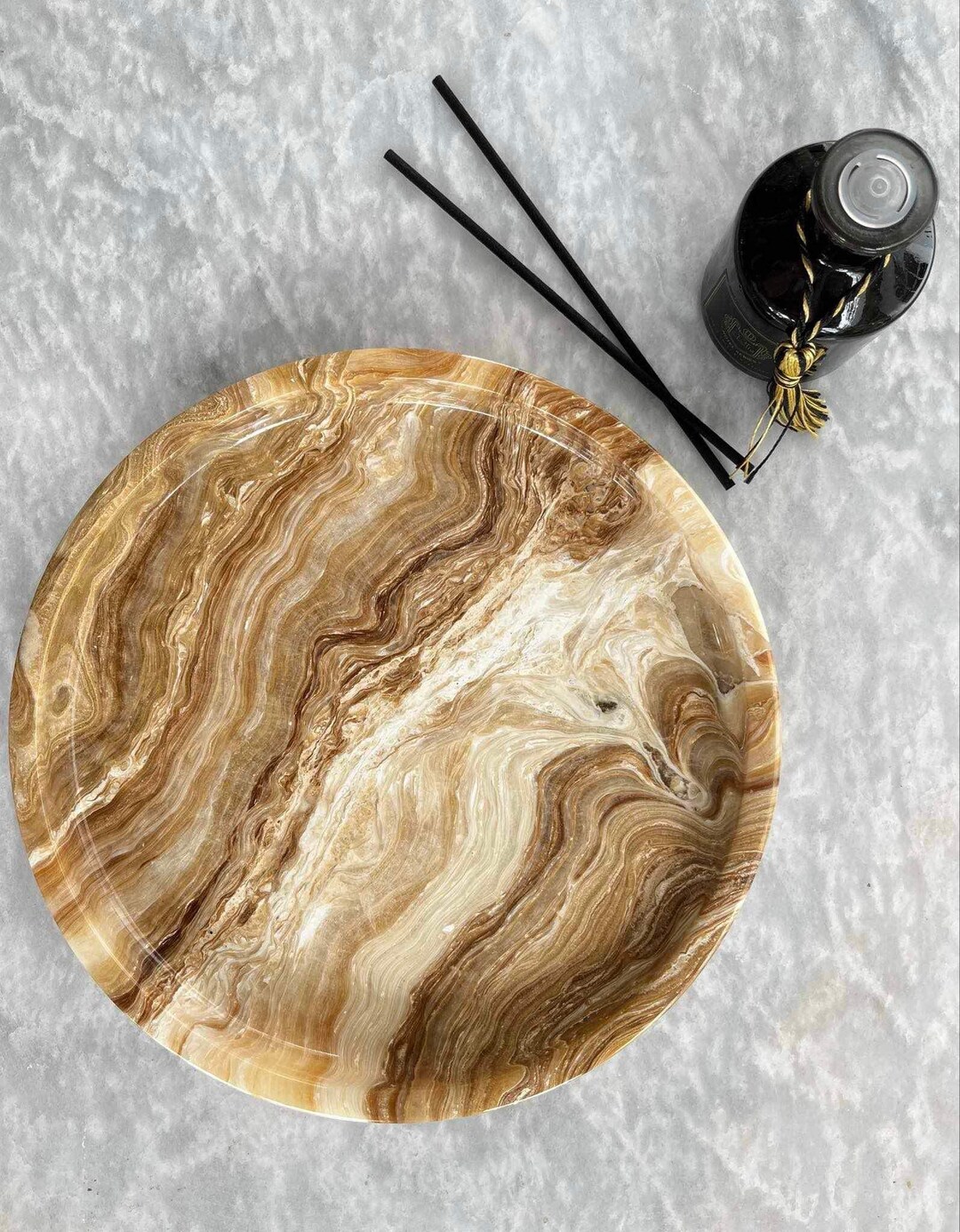 Rare Round Argo Onyx Marble Vanity Tray, Decorative Display, Makeup and ...