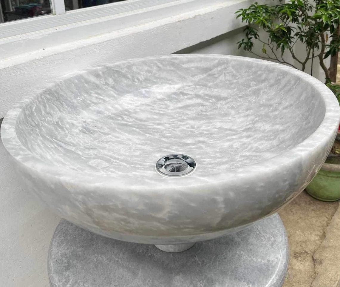Round White Marble Sink, Counter Basin, Handcrafted Bathroom Bowl ...