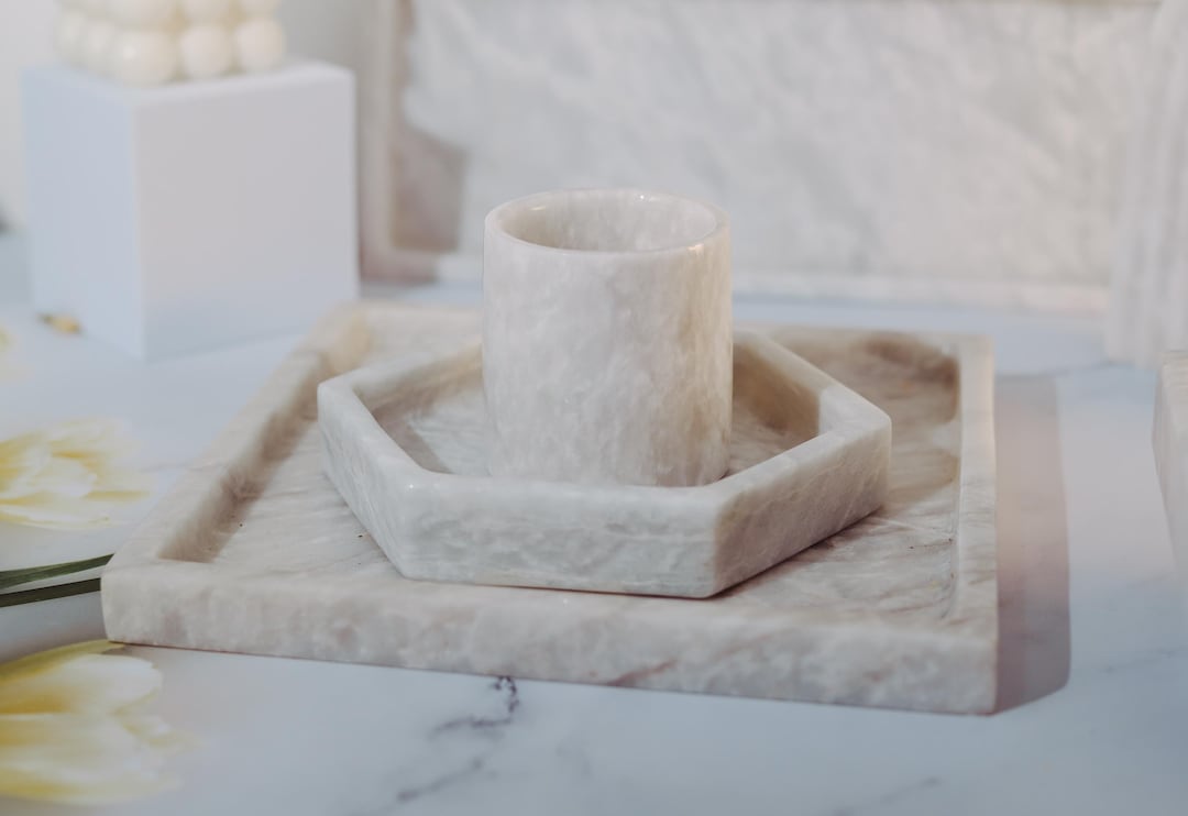 White Marble Organizer Set – Square Tray, Hexagon Tray, Pen Holder - Etsy