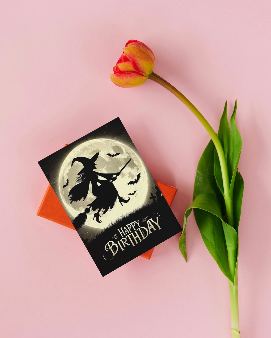 Digital Gothic Greeting Card With Witch on Broomstick - Full Moon and ...