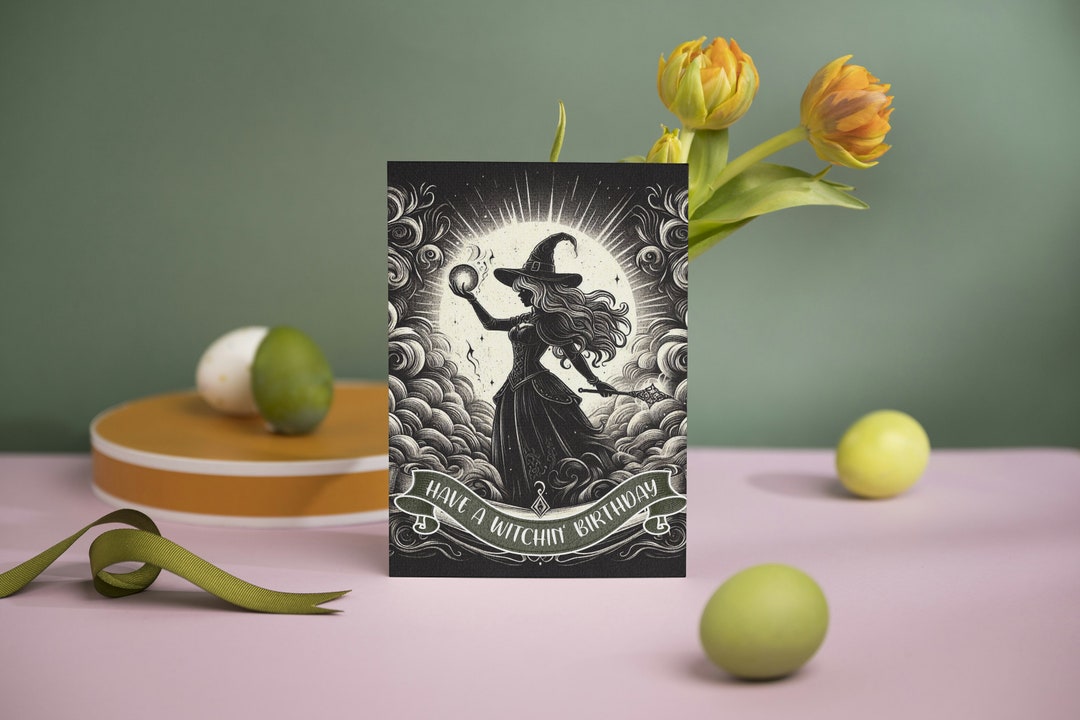 Witchy Gothic Greeting Card - Sunlit Witch in the Clouds - Digital ...