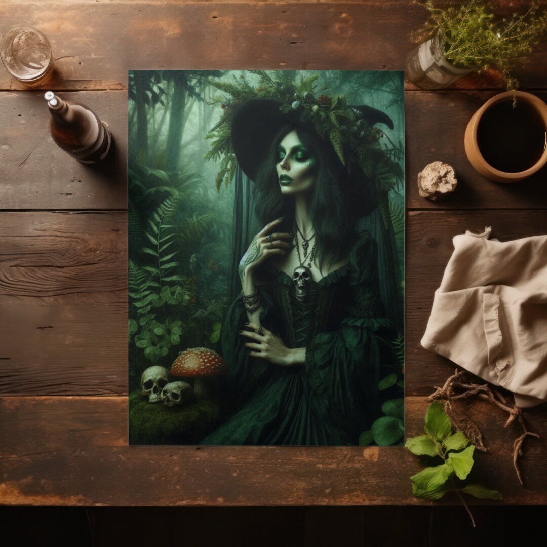Gothic Green Witch Digital Wall Art, Forest Witch With Skull Pendant ...