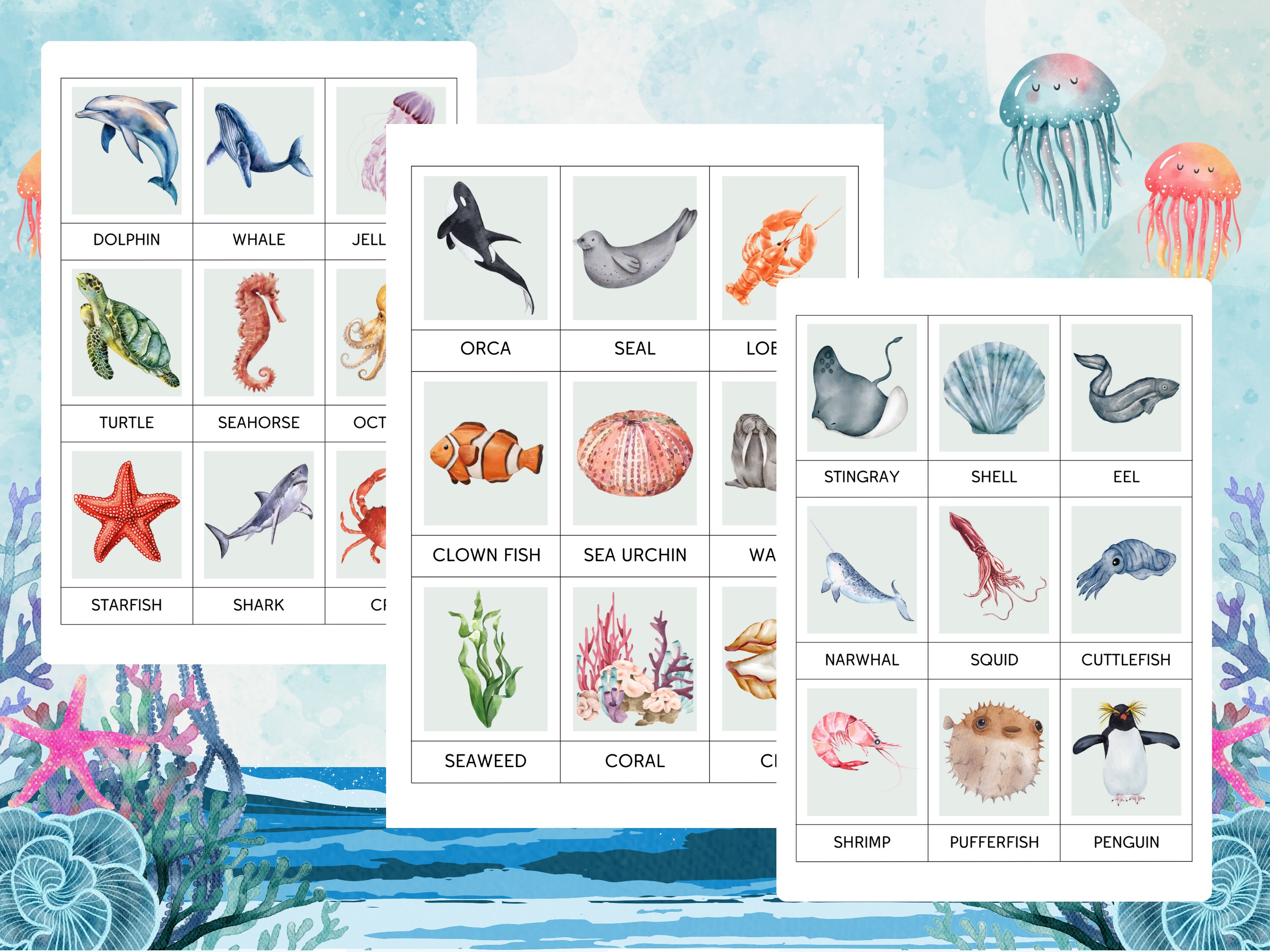 27 Ocean Animal Flashcards, Sea Life, Nature Flashcards, Montessori ...