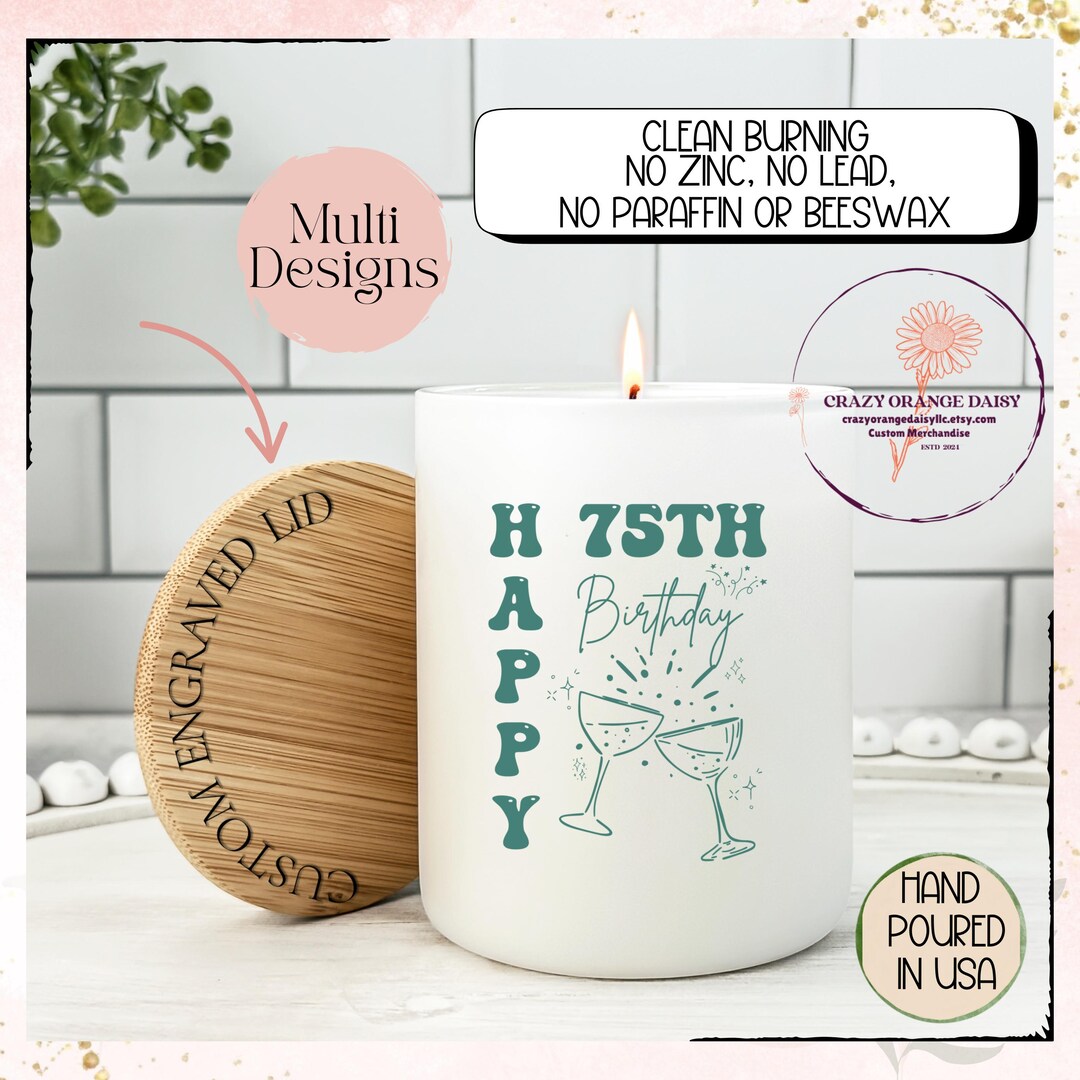 75th Birthday Candle, Personalized Soy Wax Candle, Engraved Bamboo Lid ...