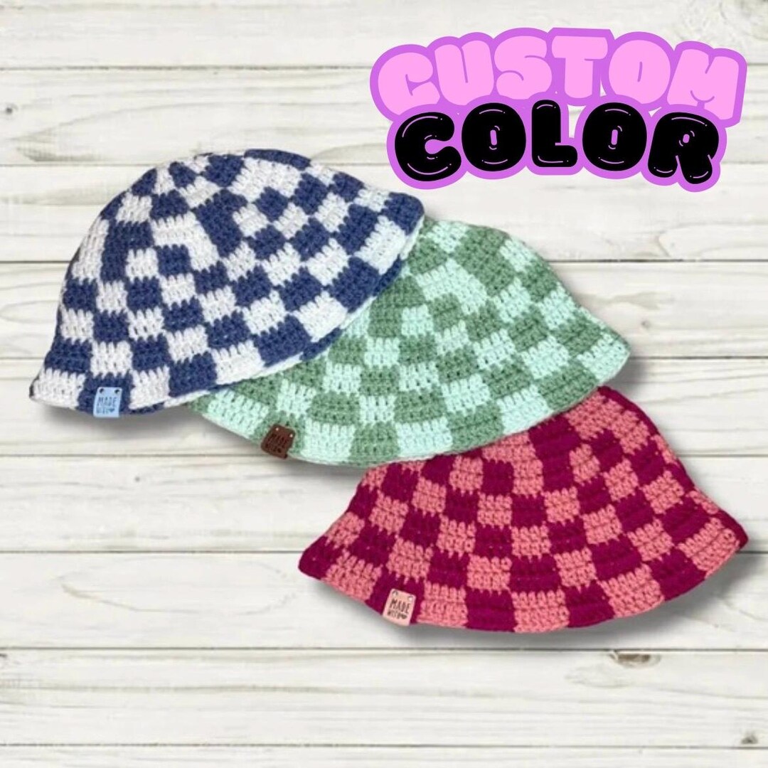 Customs Crochet Checkered Bucket Hat, Two-tone, Choose Colors, Cozy ...