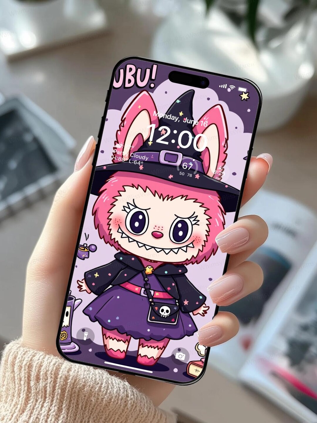 Witch Labubu Crown iPhone Wallpaper | Playful Wink Digital Lockscreen ...