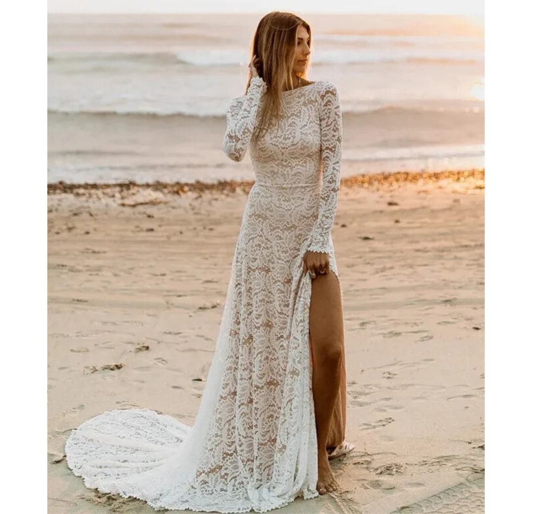 Customised Long Sleeve Lace Wedding Dress Boho Beach Bridal Dress ...