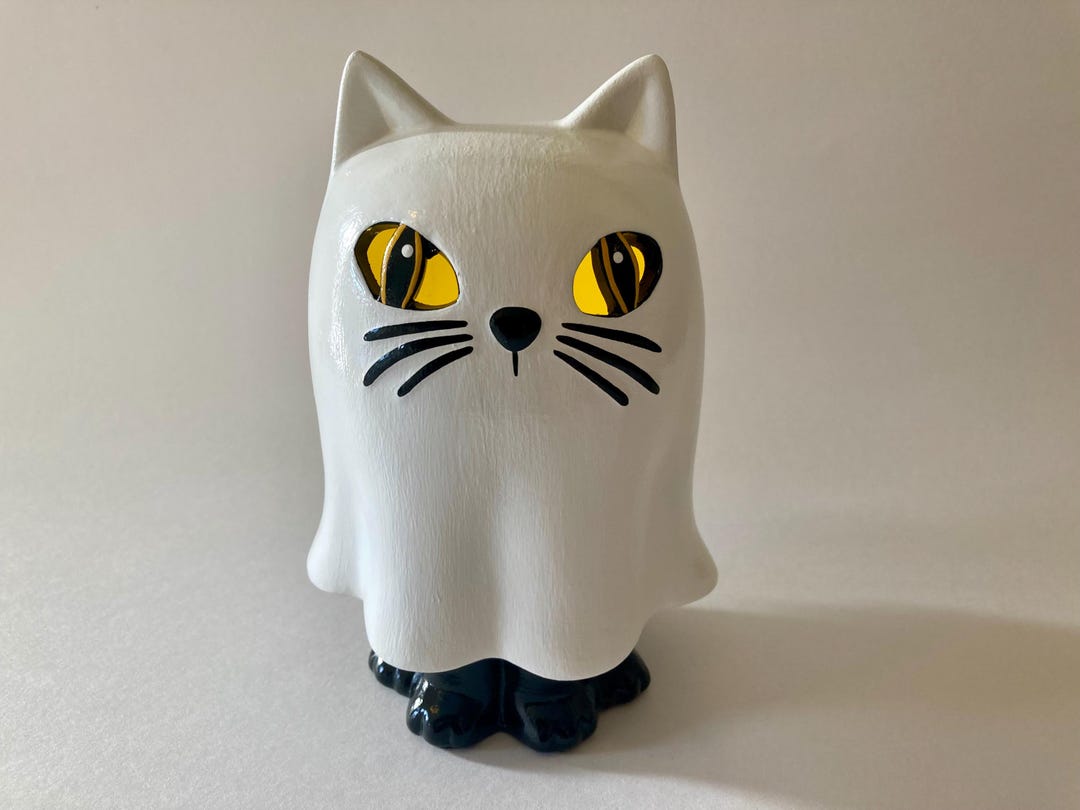 Hand Painted Light-up Ceramic Ghost Cat With Yellow Eyes / Halloween ...